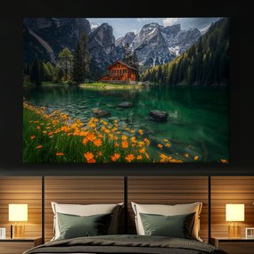 Obraz na plátně - Rozkvetlá louka u jezera s chatou FeelHappy.cz Velikost obrazu: 180 x 120 cm