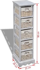 Dřevěný úložný regál s 5 proutěnými košíky bílý 240798