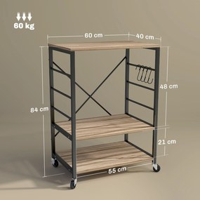 HOMCOM 3-vrstvá kuchyňská police s kolečky a 4 háčky, teak