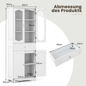 Costway Koupelnová skříňka volně stojící vysoká s 4 dvířky a zásuvkou, bílý