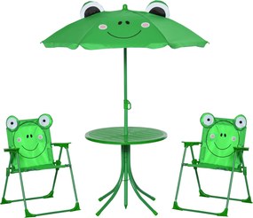Zahradní set Outsunny pro děti – stůl a židle na piknik, skládací set pro děti se nastavitelným deštníkem 100-125 cm, design žabky, zelený | Aosom