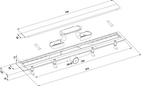 Polysan Polysan, FLISE podlahový žlab s roštem z nerezové oceli na dlaždice, L-810, DN50, 73681