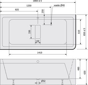 Polysan MARLENE CURVE L MONOLITH vana 185 x 85 x 63 cm obdélníková levá 71607MCL