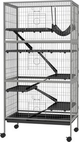 Pawhut Multifunkční klec pro hlodavce se 4 platformami, 3 rampami a 4 dvířky, rozměry 80L x 52W x 159H cm, šedá, stříbrná, černá, ocel