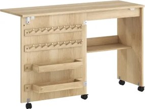 HOMCOM skládací šicí stůl, pojízdný šicí nábytek, magnetické stodole dveře, 2 vložky, úložný prostor, 18 držáků nití, přírodní dřevo