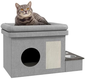 PEPU Domeček pro kočky, krmné místo se 2 nerezovými mističkami, škrabací podložka, měkký polštář na lehátko, 78 x 48 x 49,5 cm, šedá