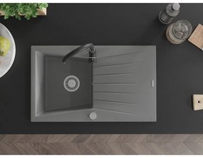 Mexen Cesar, granitový dřez 775x470x190 mm, 1-komorový, šedá s chromovým sifonem a černá dřezová baterie Telma, 6514-71-670200-70