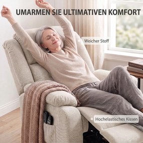 HOMCOM Křeslo pro televizní sledování s masážní a topnou funkcí, elektrické křeslo se vstáváním, dálkové ovládání, boční kapsy, béžová
