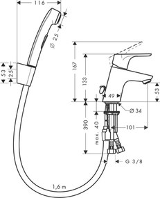 Hansgrohe Focus E2, Sada pákové baterie 70 s bidetovou sprškou a sprchovou hadicí, chromová, 31926000