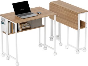 Skládací stůl HOMCOM s kolečky a policí - Kompaktní stůl s úložným prostorem pro notebook do malých prostor - 80x50x75 cm - Přírodní | Aosom