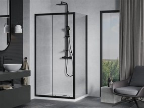 Mexen APIA, sprchový kout s posuvnými dveřmi 140 (dveře) x 80 (stěna) cm, 5mm čiré sklo, černý profil + bílá sprchová vanička, 840-140-080-70-00-4010B