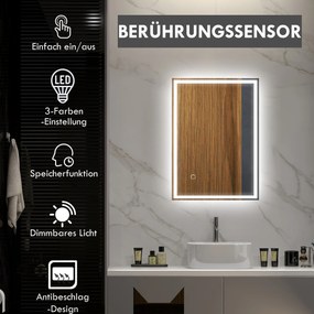 HOMCOM LED koupelnové zrcadlo 80x60cm, nástěnné, bez mlhy, s dotykovým spínačem, IP44 pro moderní koupelny