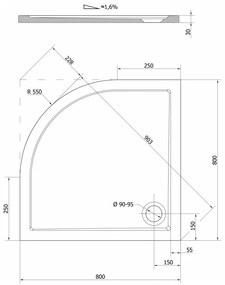 Polysan SERA sprchová vanička z litého mramoru, čtvrtkruh 80x80cm, R550, bílá 40511