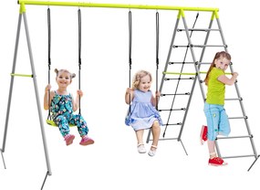 Vysoce kvalitní dětská houpačka Outsunny - ocelový rám, dvojitá houpačka, lezecká síť, žebřík, zahradní houpačka pro děti 3-8 let, Zelená | Aosom