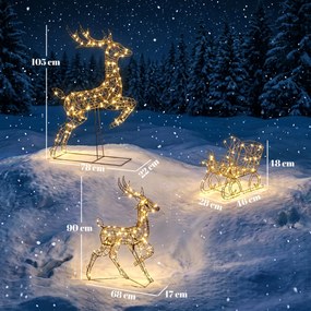Outsunny 3dílná osvětlená sada soba a sáněk, vánoční dekorace z polyrotangu s LED, 8 režimů, časovač