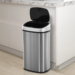 HOMCOM Odpadkový koš 58L, automatický odpadkový koš s infračerveným senzorem, hygienický, velký, nerezová stříbrná, D40,9xŠ28,9xV68 cm