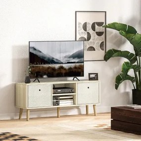 HOMCOM TV nábytek pro televizory až do 127 cm se 2 látkovými zásuvkami a otevřenými policemi, dřevo a béžová