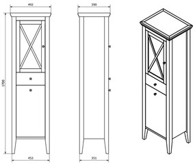 SAPHO CROSS retro skříňka vysoká s prádelním košem 49x170x39cm, levá, starobílá CR216