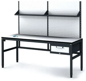 Alfa 3 Antistatický dílenský ESD stůl s perfopanelem a policemi, 1 zásuvkový box na nářadí, 1800x800x745-985 mm