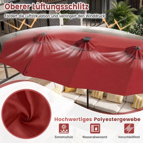 Costway Dvojitý slunečník s klikou a stojanem s 108 LED světly vínově červené