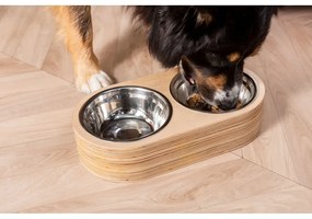 Sada 2 kovových misek ve světlém dřevěném podstavci PT LIVING Pet, šířka 18 cm