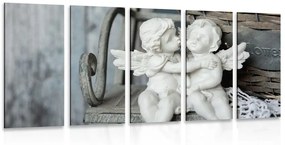 5-dílný obraz sošky andílků na lavičce