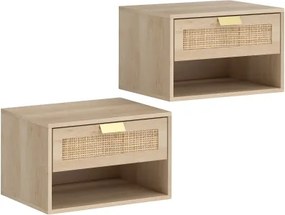 HOMCOM 2 ks plovoucí noční stolky s ratanovou zásuvkou, otevřená přihrádka, úsporné místo, 40x30x25 cm, dub