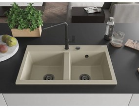 Mexen Hektor, 2-komorový granitový dřez 800x480x205 mm, béžová, grafitový sifon, 6521802000-69-B