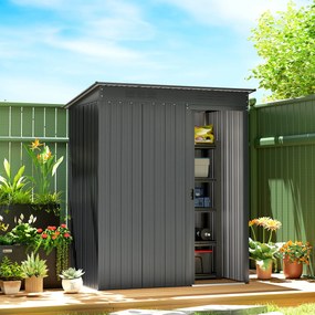 Outsunny kovová zahradní kůlna 1,37 m² — 159 x 106 x 181 cm, posuvné dveře, větrání, šikmá střecha, 2 páry rukavic, snadná montáž — tmavě šedá