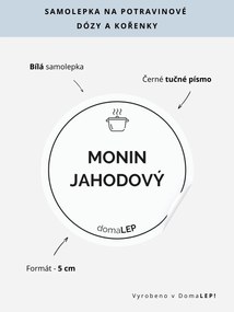 Samolepka na láhev MONIN JAHODOVÝ průměr 5 cm – bílá vinylová, voděodolná, omyvatelná samolepka na dózy, tučné písmo