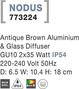 NV 773224 Venkovní nástěnné svítidlo NODUS antický hnědý hliník skleněný difuzor GU10 2x7W 220-240V IP54 bez žárovky světlo nahoru a dolů - NOVA LUCE