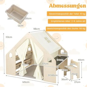 Costway Dřevěný dětský stan 6-IN-1 s dětským stolem a židlí, podložkou a tabulí