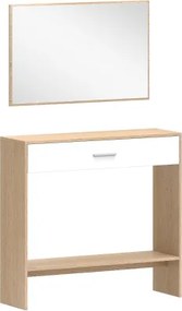 HOMCOM konzole + zrcadlo, úzký konzolový stolek se zásuvkou a policí, moderní styl, 91,5 x 27,9 x 85,5 cm, dub