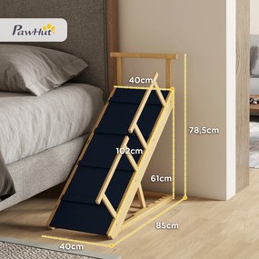 PawHut rampa pro psy Skládací rampa pro psy s odnímatelným zábradlím, protiskluzová, pomůcka pro psy do 40 kg, 85 x 40 x 78,5 cm, přírodní dřevo | Ao…