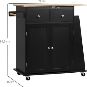 HOMCOM Kuchyňský vozík s pracovní deskou, držákem na láhve, držákem na utěrky, 2 šuplíky, skříňka, 2 dveře, MDF Černá Hevea