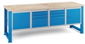 Dílenský stůl KOVONA, 2 závěsné skříňky a 6 zásuvek na nářadí, buková spárovka, pevné nohy, 2100 mm