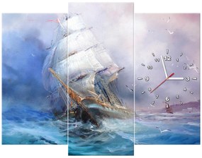 Gario Obraz s hodinami Plachetnice na rozbouřeném moři - 3 dílný Rozměry: 90 x 70 cm