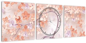 Obraz korálových květů stromu - abstrakt (s hodinami) (90x30 cm)