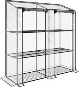 Outsunny 3-patrový zahradní skleník s policemi a šikmou střechou, 2 zipové dveře pro pěstování rostlin na terase 143x46x141/151 cm Průhledný