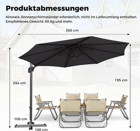 Costway Konzolový deštník Ø 300 cm 360° Otočný klikou a nožním pedálem, šedá