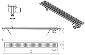 Aqualine, KROKUS nerezový sprchový kanálek s roštem, 760x140x92 mm, 2705-80