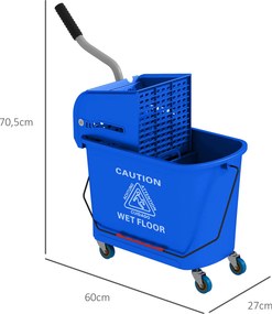 HOMCOM Úklidový vozík mycí kbelík pro domácnost 20 l s odstředivkou a odlučovačem čisté špinavé vody modrý 60L x 27W x 70,5H cm