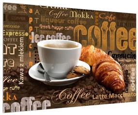 Obraz šálku kávy a croissantů (90x60 cm)