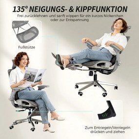 HOMCOM ergonomická síťovaná kancelářská židle — 4D područky, nastavitelná opěrka hlavy a hloubka sedáku, bederní opora, sklápění 135° s opěrkou nohou…