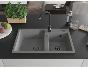 Mexen Tomas, granitový dřez 800x500x190 mm, 2-komorový, šedá s černým sifonem, 6516802000-71-B
