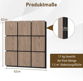 Costway 4 balení akustických panelů na stěny s 9 čtvercové dřevěné panely stěny