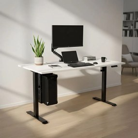 Výškově nastavitelný stůl OfficeTech A, 160 x 80 cm, černá podnož, bílý jasan