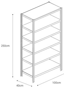 Bezšroubové kovové regál 250x100x40cm T profil, 6 polic