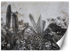 Fototapeta, Černobílé tropické listy na betonu - 450x315 cm