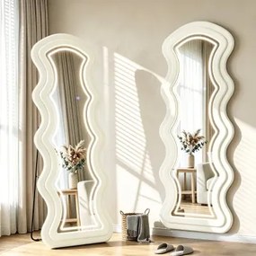 HOMCOM vlnitý celoplošný zrcadlo 160 x 60 cm, 3barevné LED, rám s sametovou úpravou, HD tvrzené sklo, Krémová